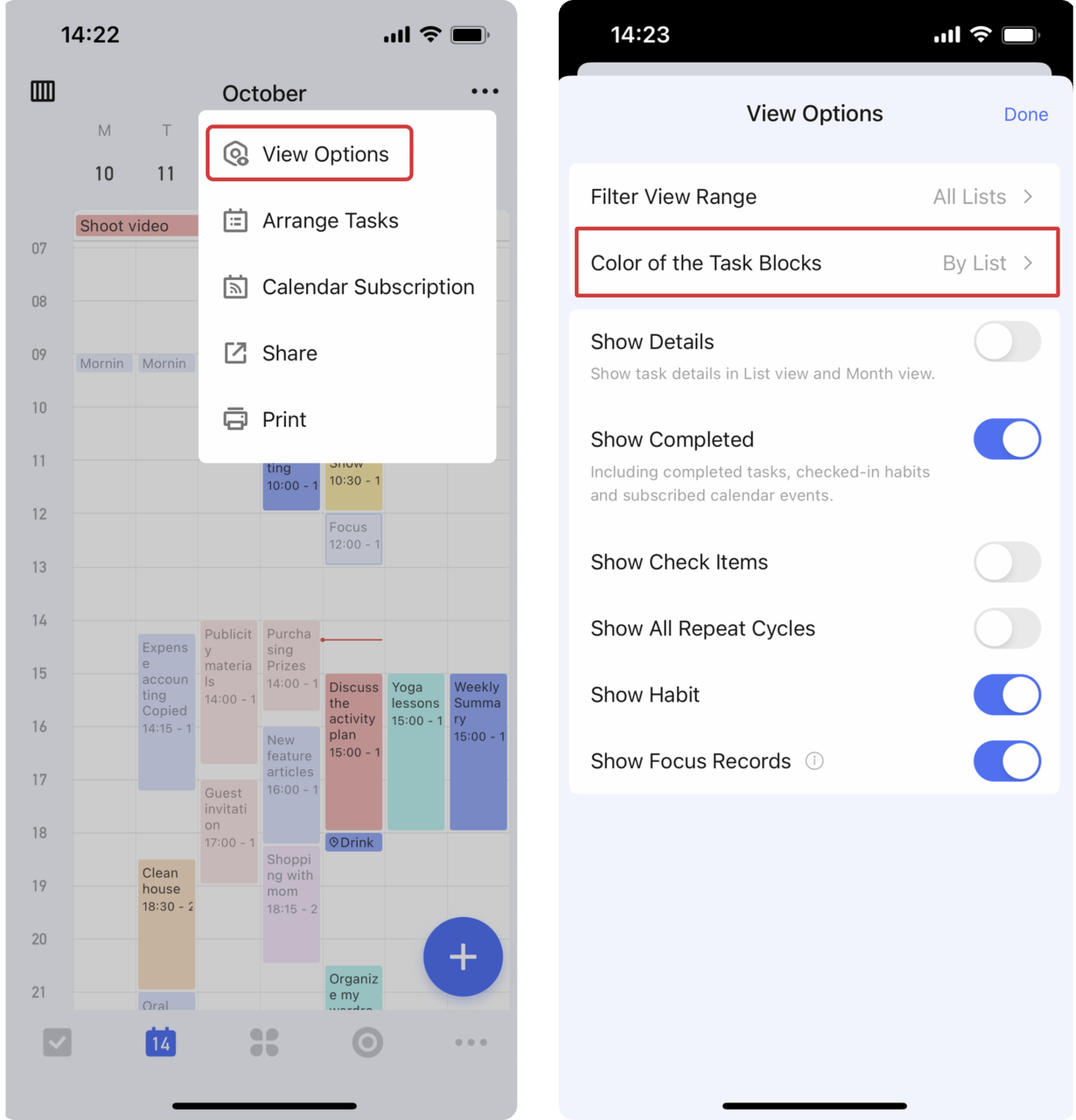 Click on the "..." in the top right corner of the calendar view, then select "View Options ...