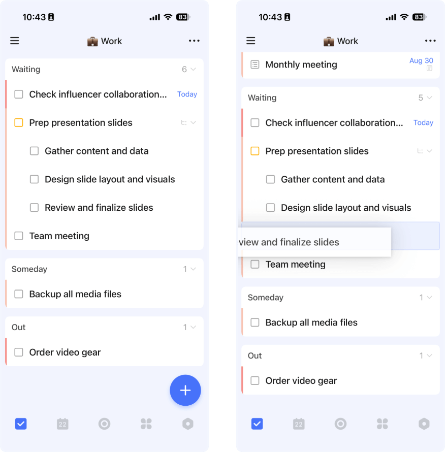 Right-click a task, or click ... in the bottom-right of the task detail area → Link Parent Task ...