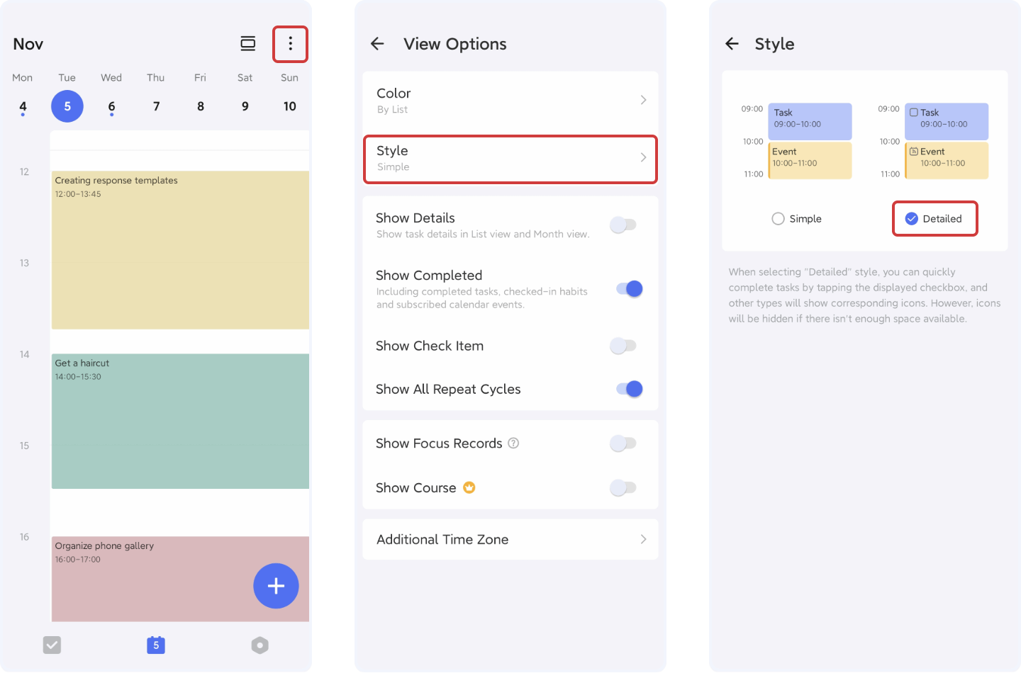 Click the "..." in the top-right corner of the calendar > "View Options ...
