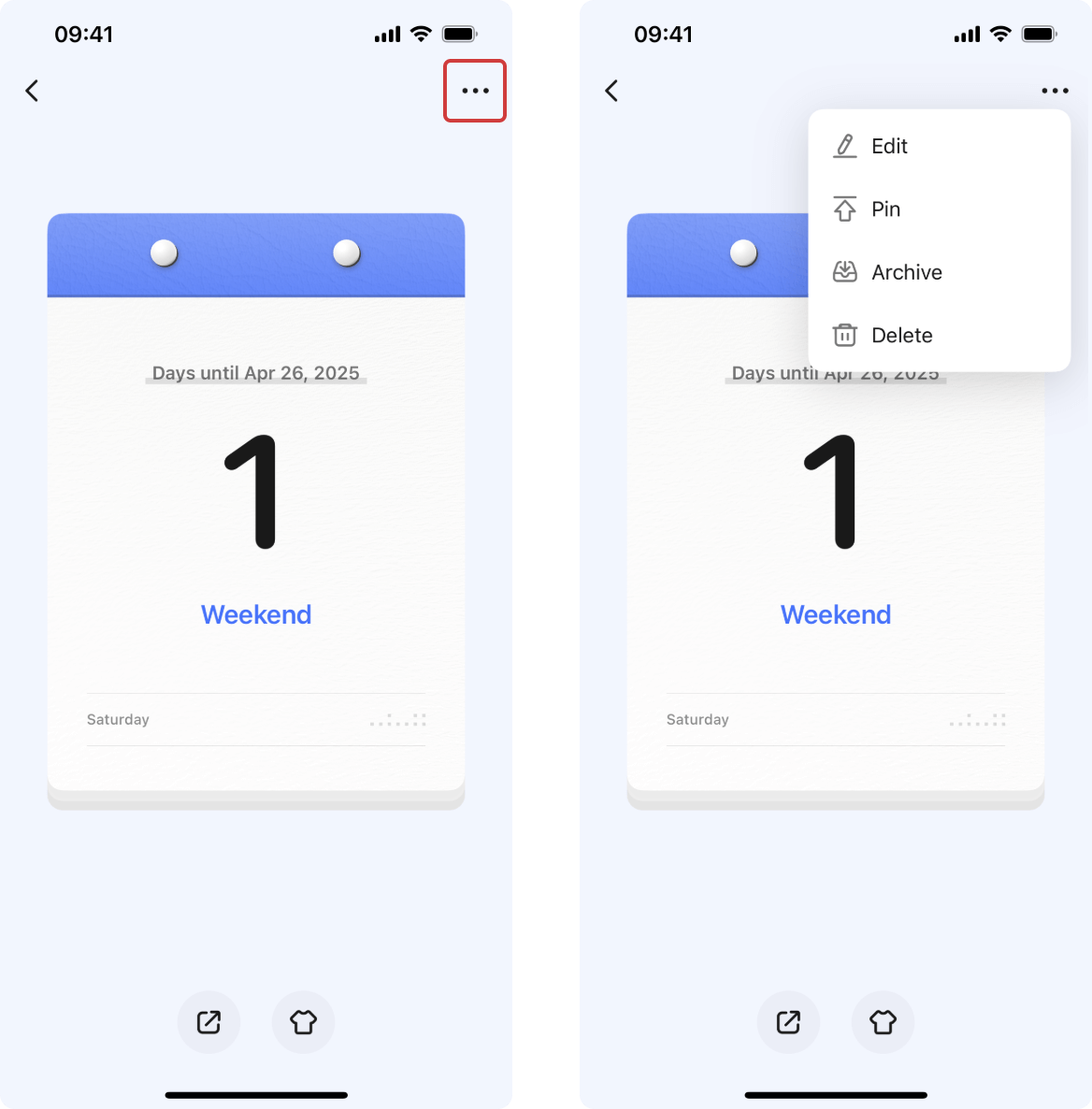 Hover over the countdown card, then click the Pin button at the top ...