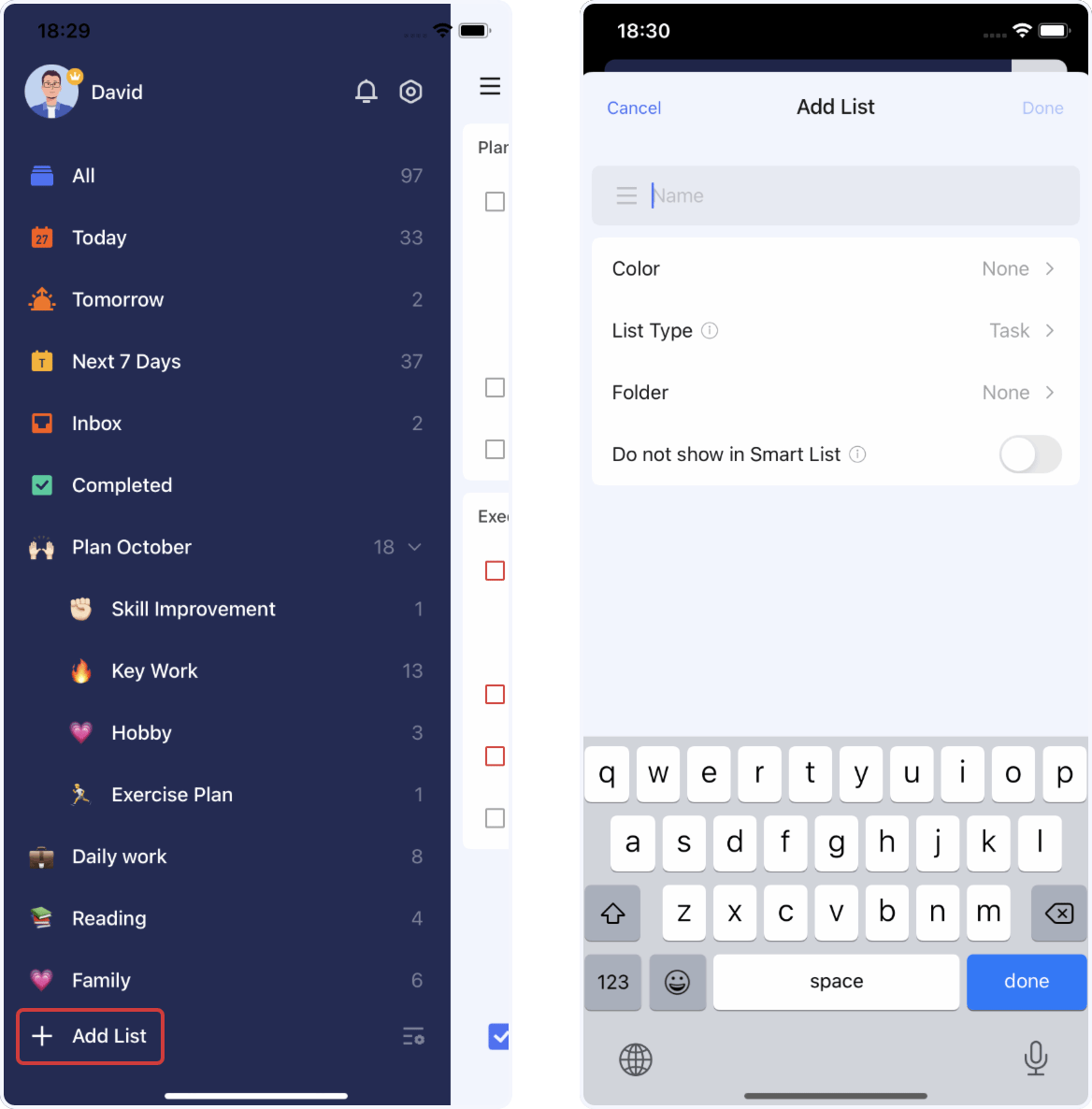 You can set the "name", "color", "folder", and "display/hide" of a list.