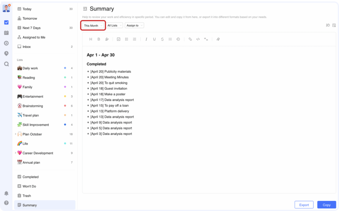 Filter: Filter by list, tag, and assignee.