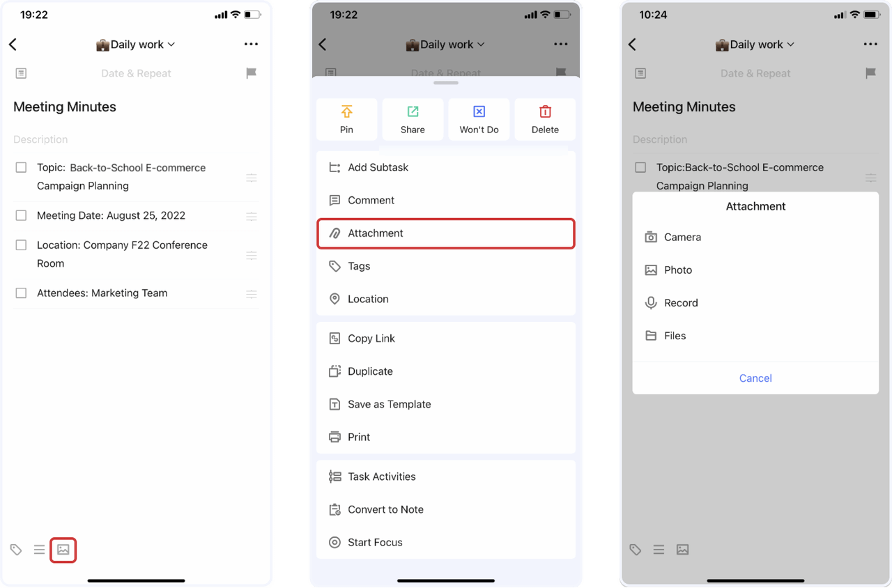 Option 1: Click on the task - click on the "···" button on the bottom right - "Upload Attachment ...