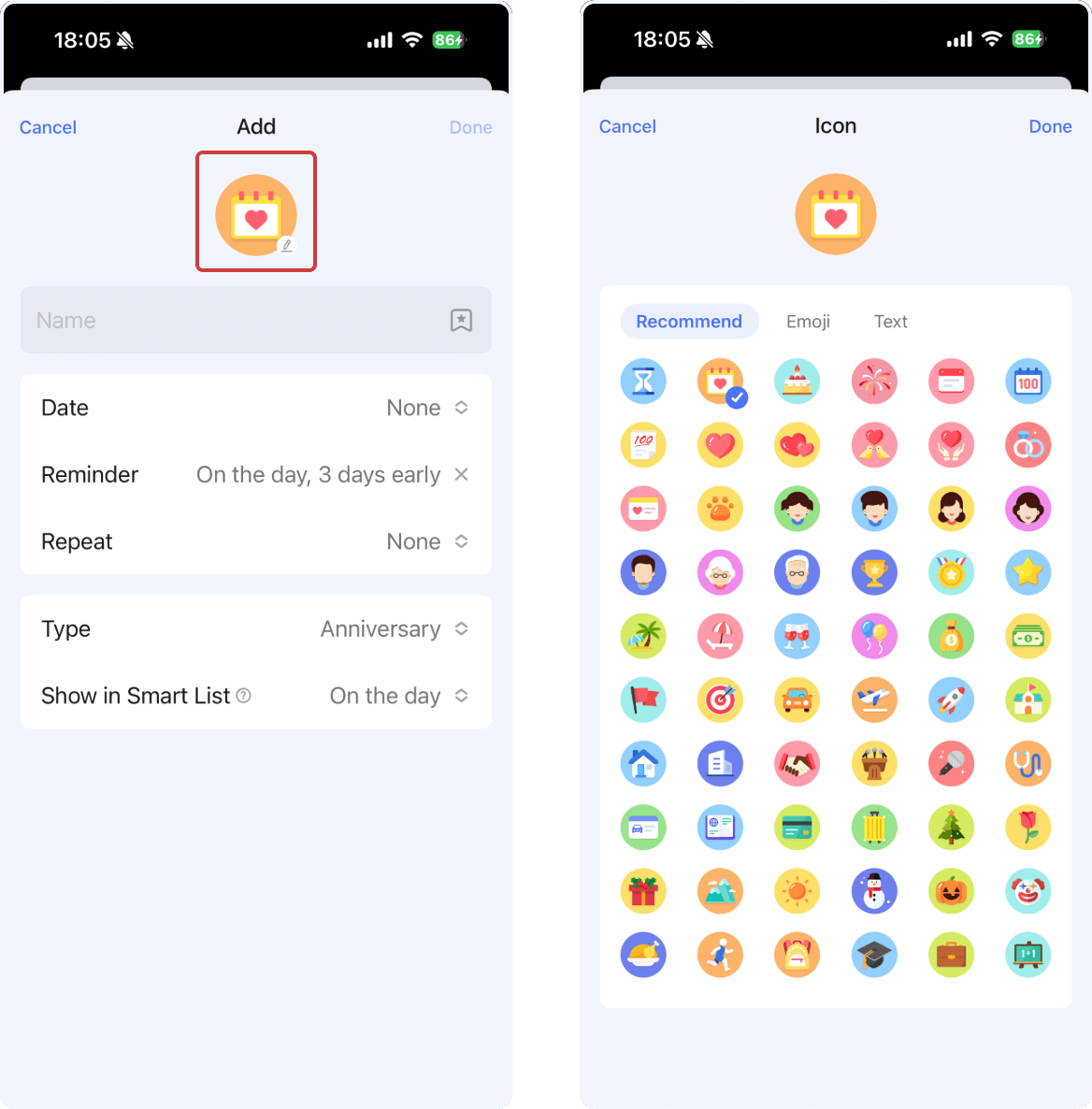 Or, you can also switch to emoji or text to customize your icon.