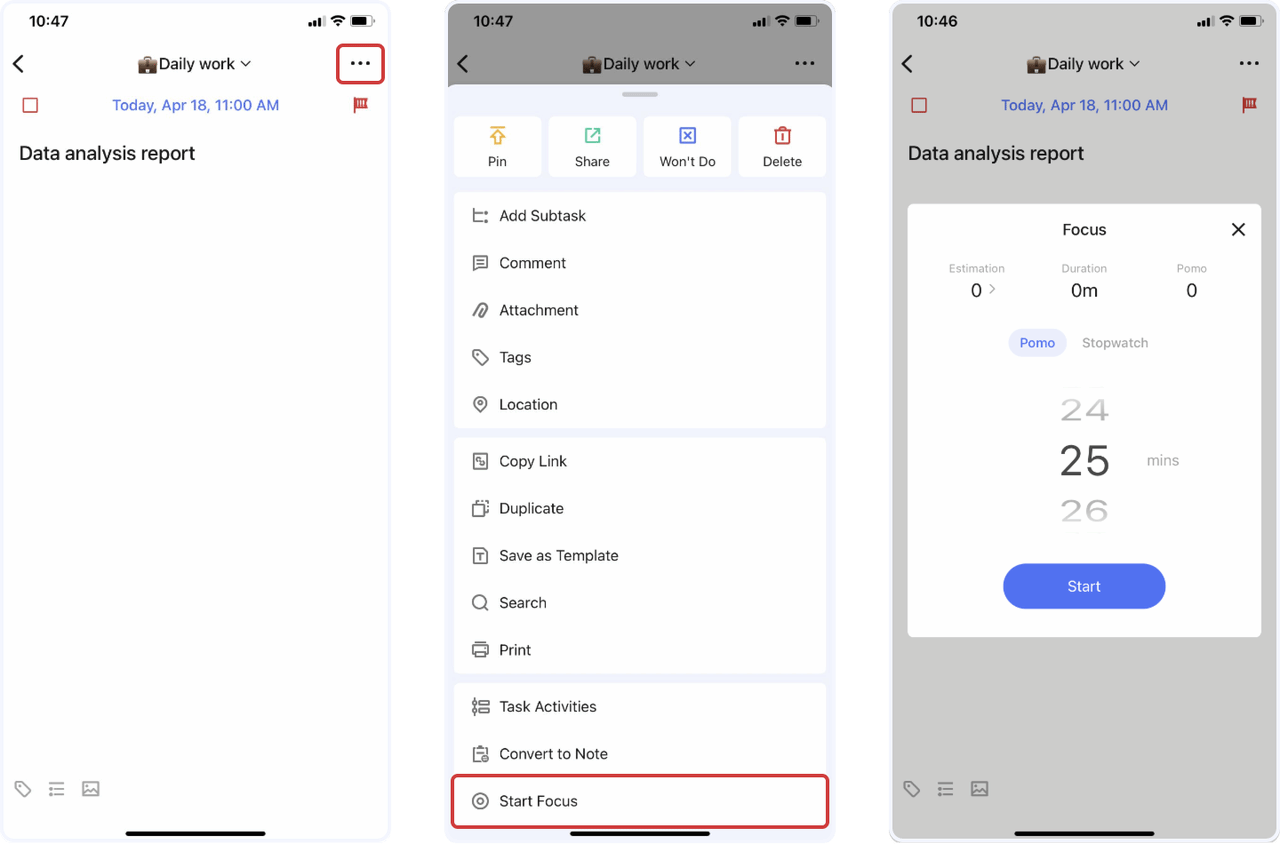 Right-click on the task and select "Start Focus" from the menu, then ...