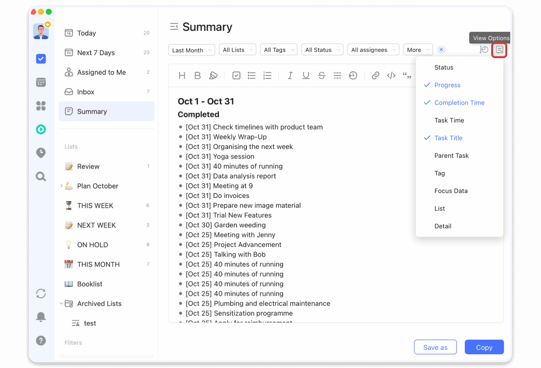 Sort: Set the task's sorting method.