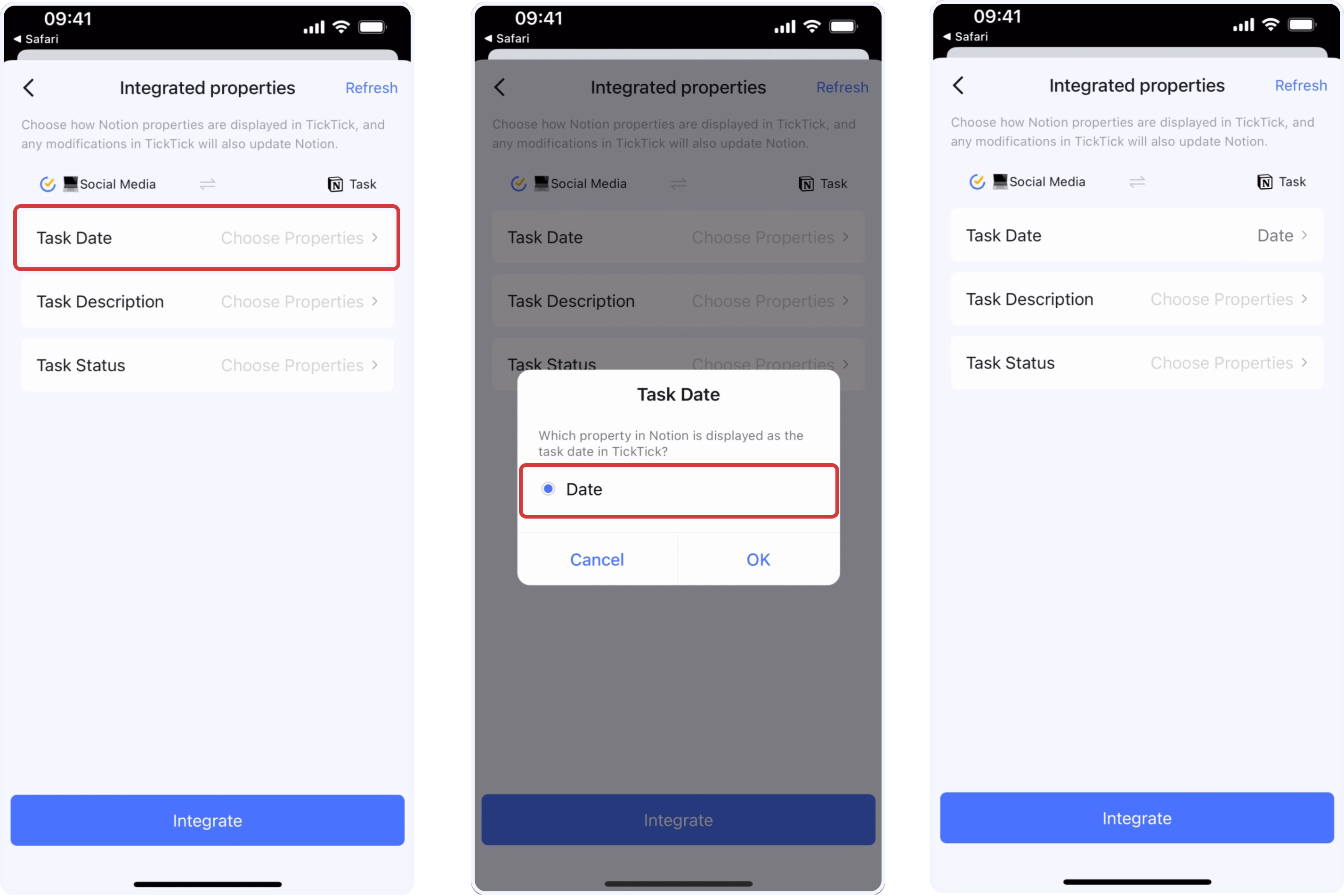 After integrate, the Date property in your database will correspond to the task date in TickTick.