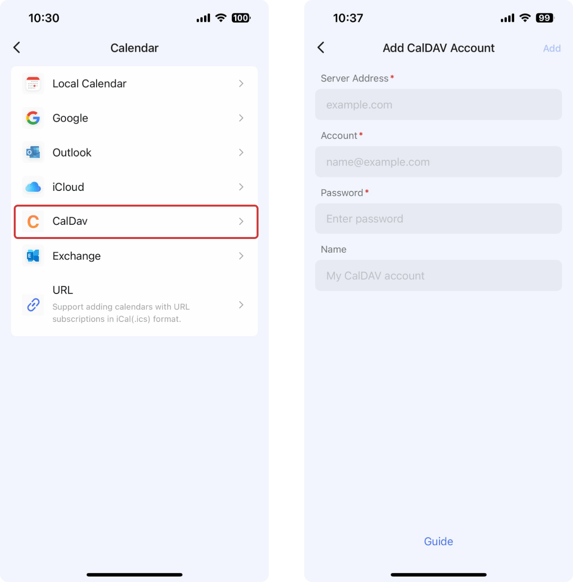 In "Settings" - "Import & Integration" - "Calendar"- "CalDav".