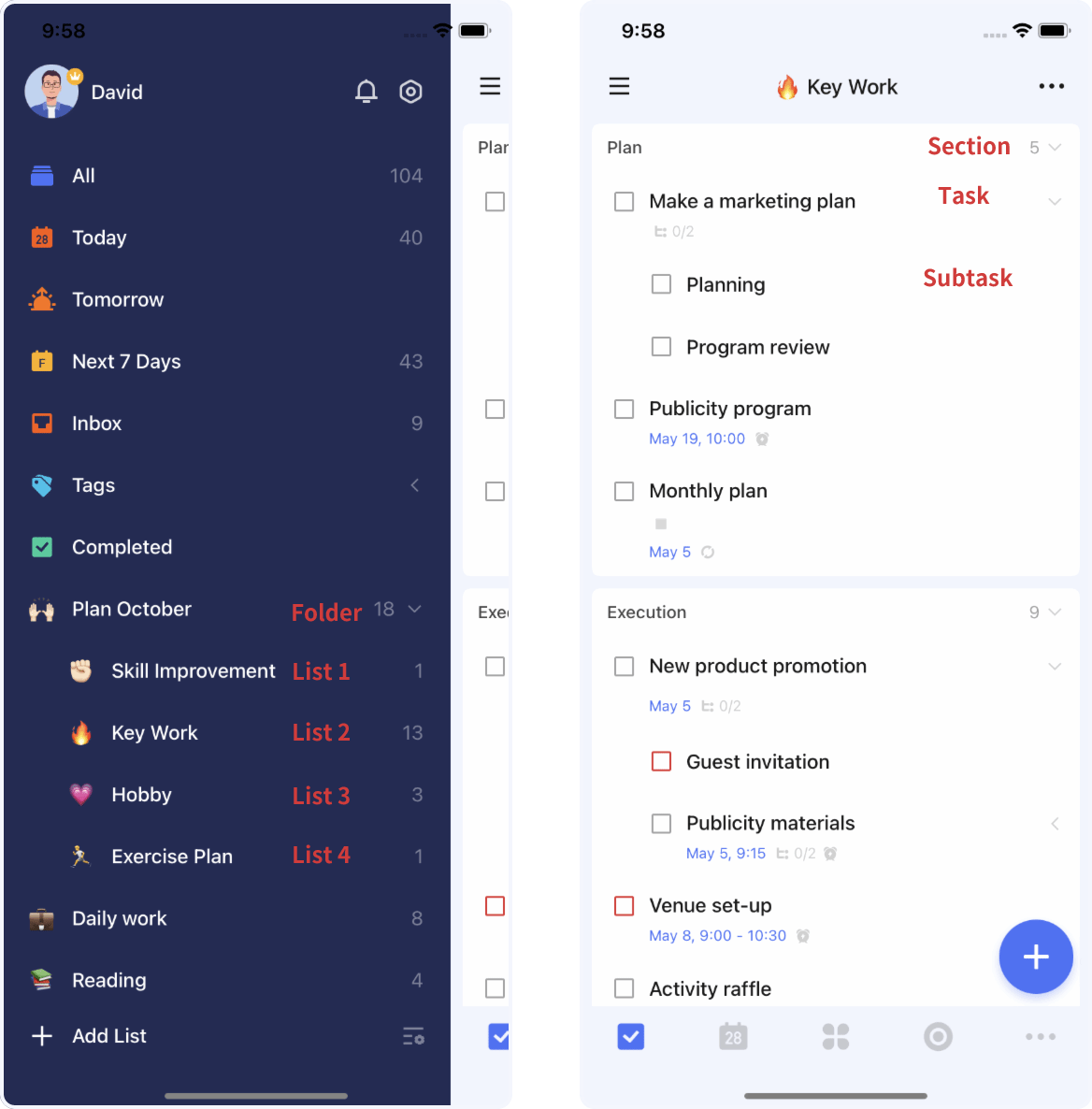 TickTick has a clear hierarchy for tasks: "Folder" - "List" - "Section" - "Task" - "Subtask ...