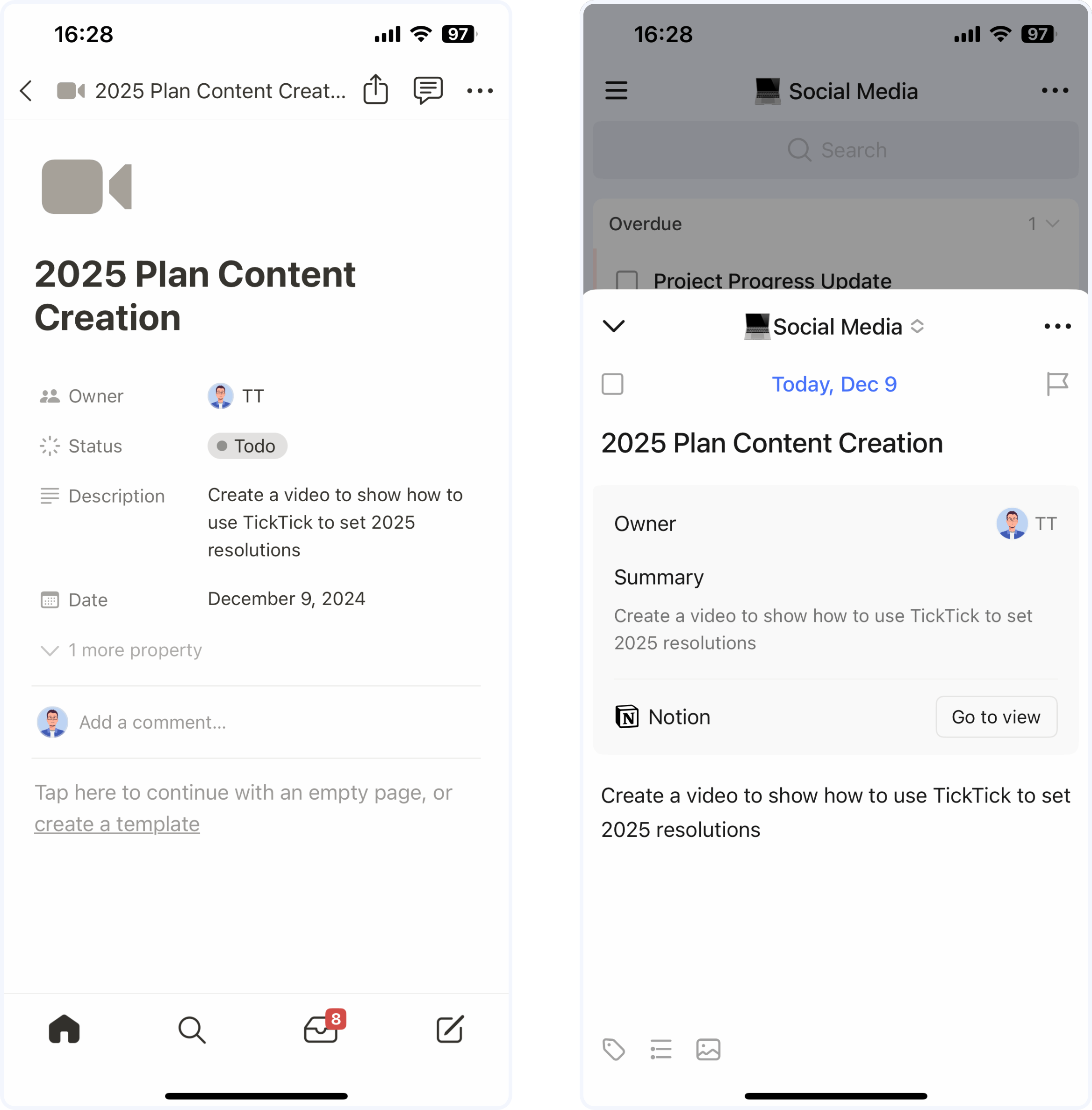 Tap on a task to view its details, where you'll see a " Notion " card ...