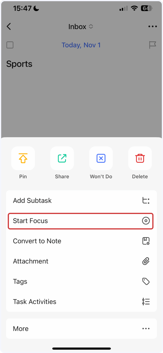In the task details page, click on "..." on the top-right corner ...