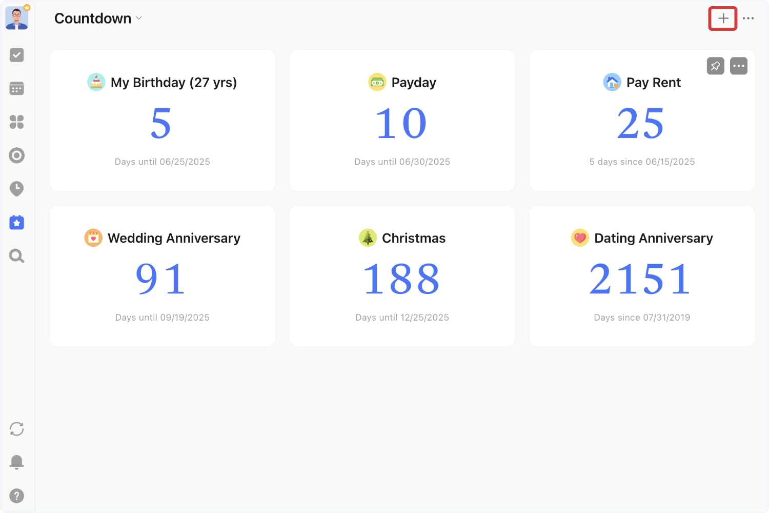 You can choose from four categories of important days to add: