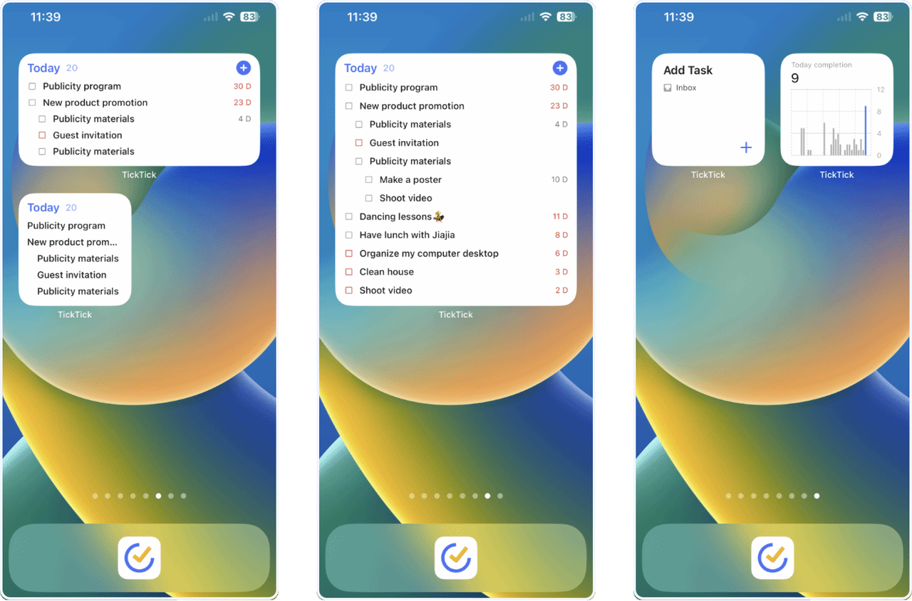 We provide 3 types of widgets: "Tasks", "Task Completion Statistics", and "Add Task".