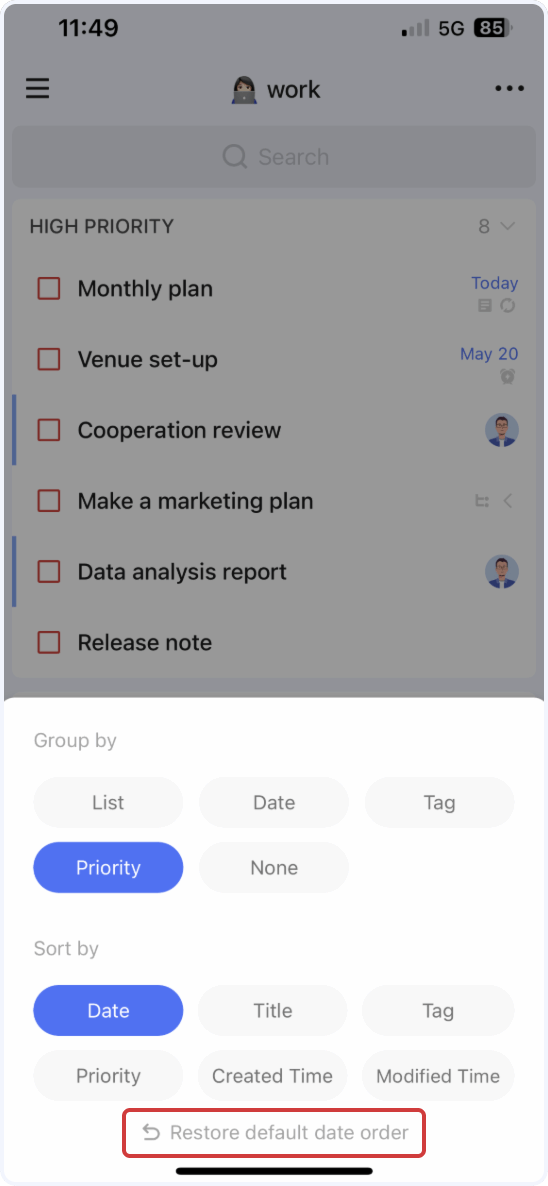 Click "Restore default date order" on the sorting page to restore it.