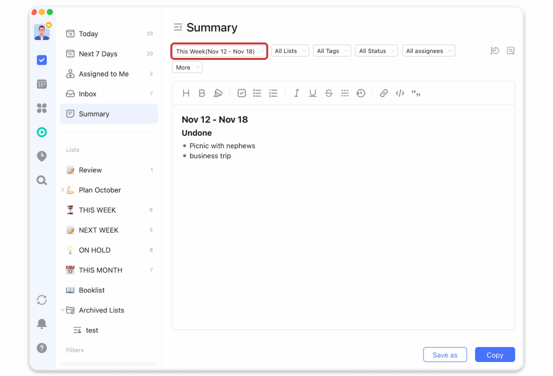 Filter: Filter by list, tag, and assignee.