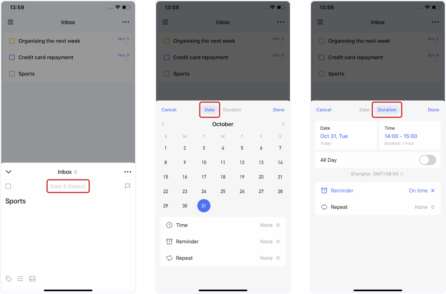 Right-click a task and choose Date to set it as Today, Tomorrow, Next ...