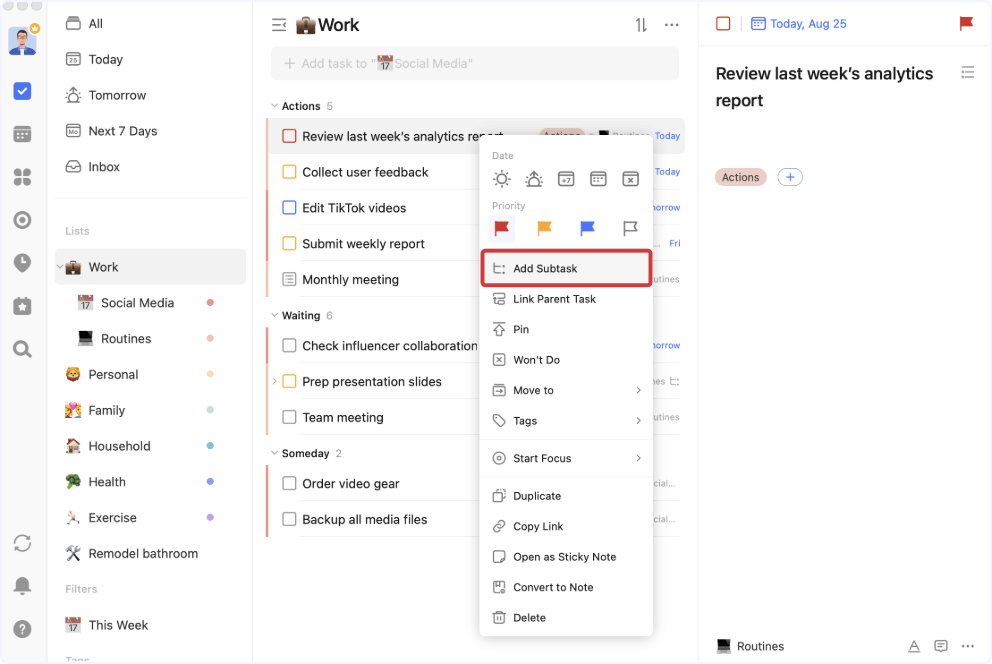 After entering the first subtask, press Enter to create more subtasks at the same level.