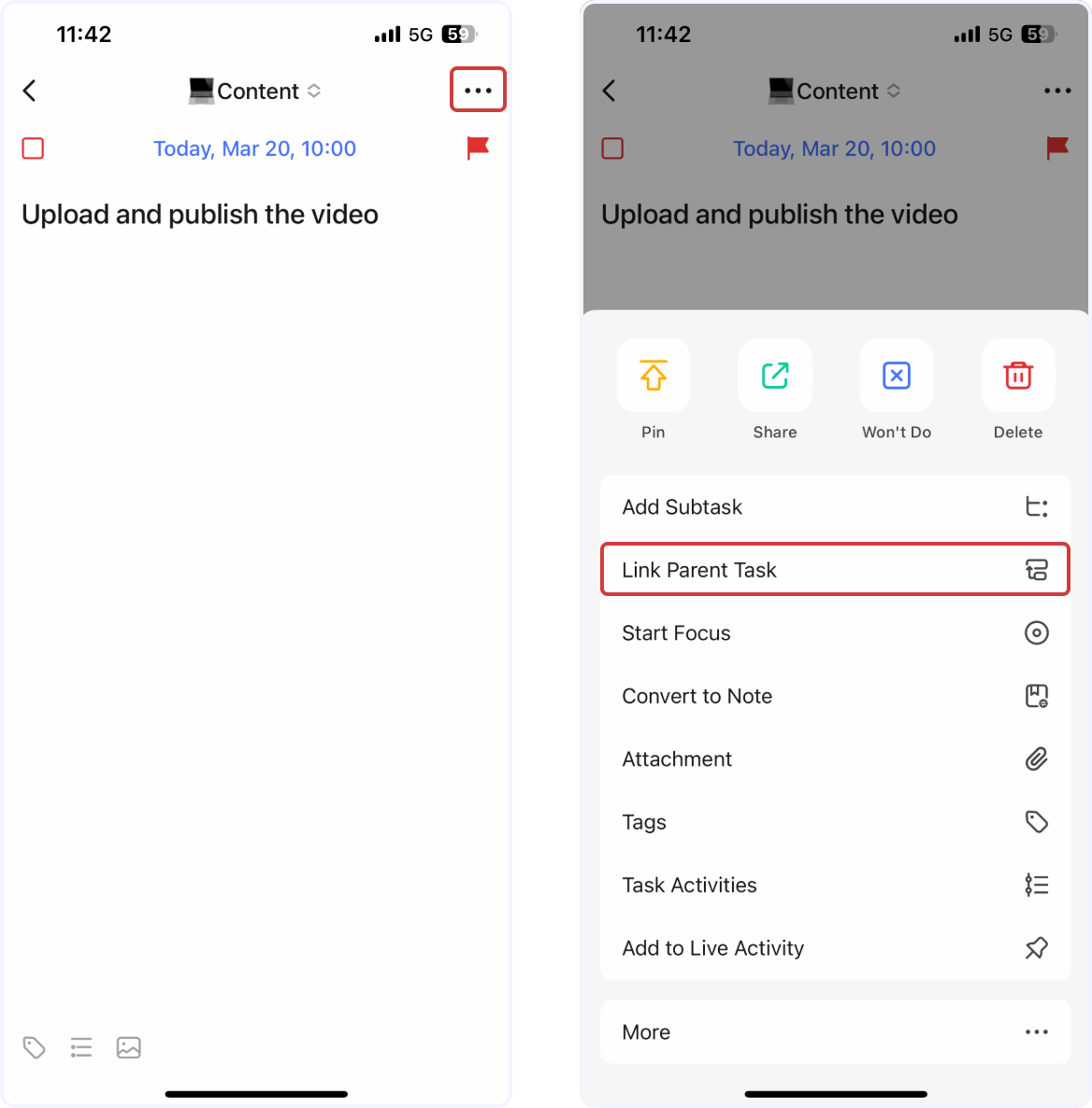 Open a task to enter the task details page, click the "..." in the top right corner, and select ...