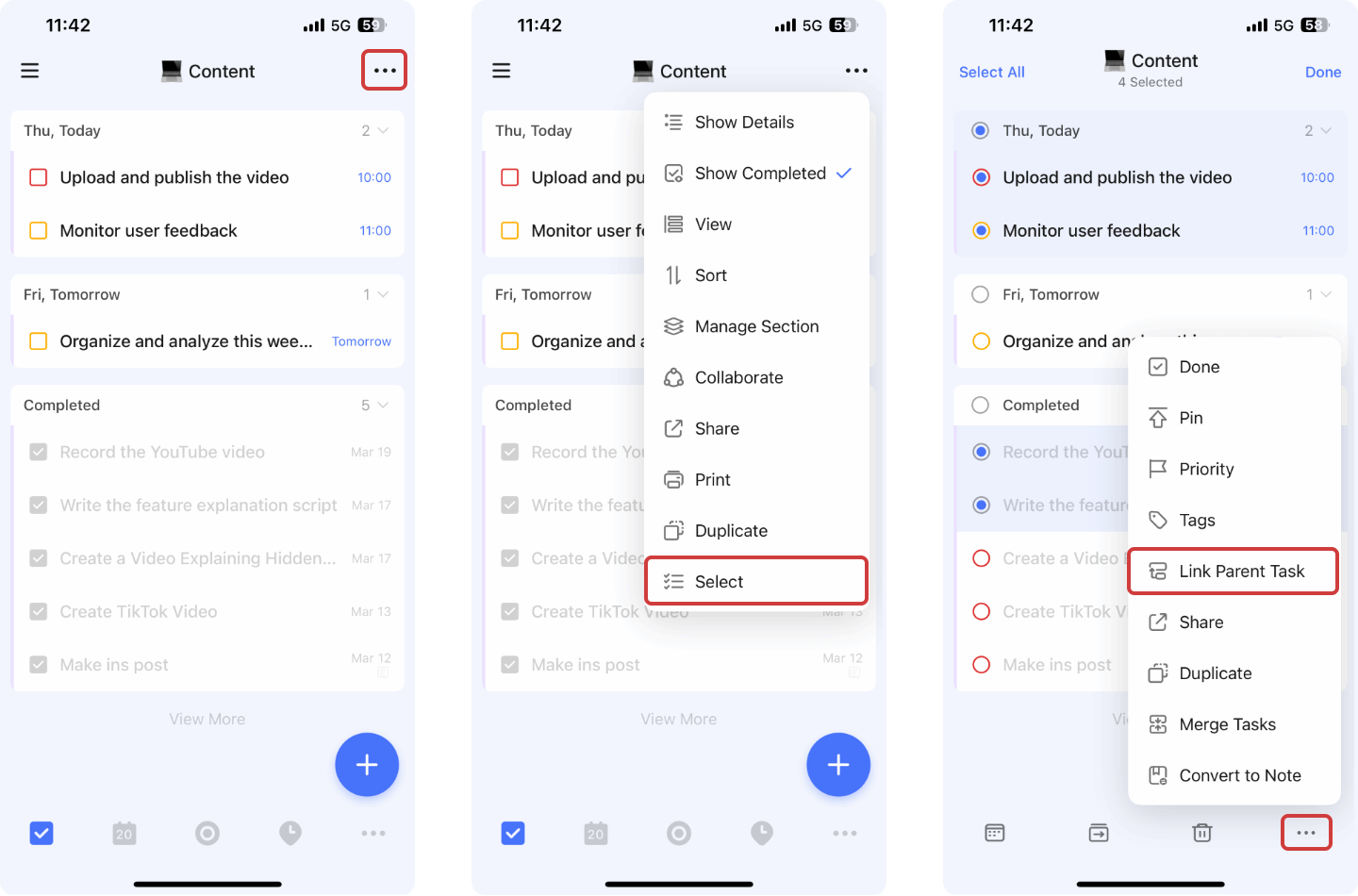 Right-click a task, or click ... in the bottom-right of the task detail area → Link Parent Task ...