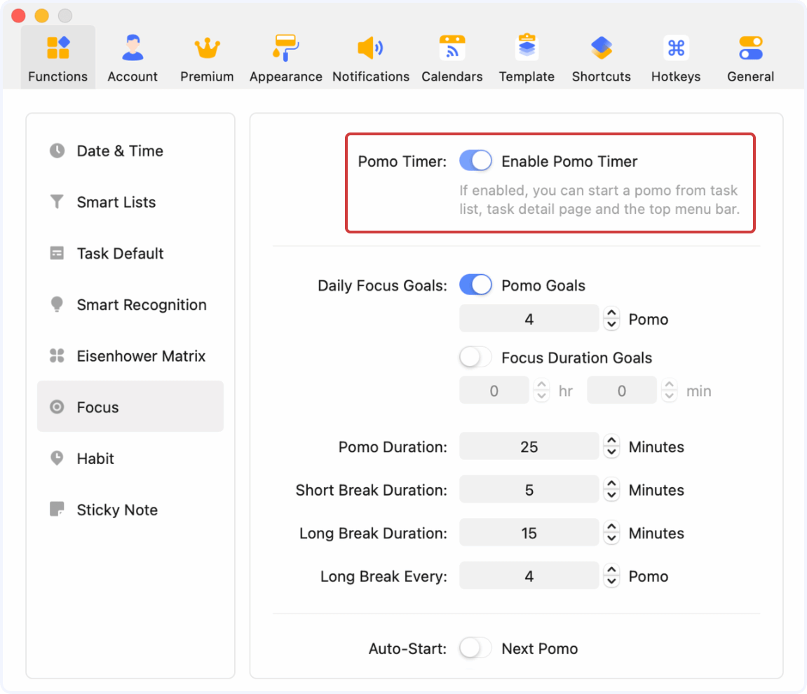 Click on the avatar, turn on "Focus Timer" in "Settings" - "Features", and then right-click on ...
