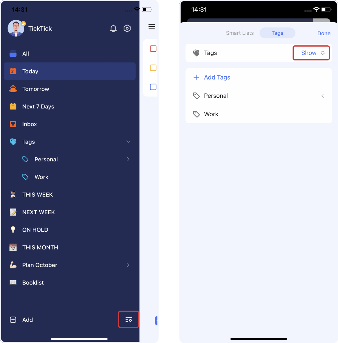 Before use, make sure Tags are enabled in the sidebar. Once enabled, tags will appear under lists.