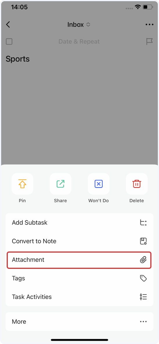 Click on the task - upper right corner "..." - "Attachment" to add ...