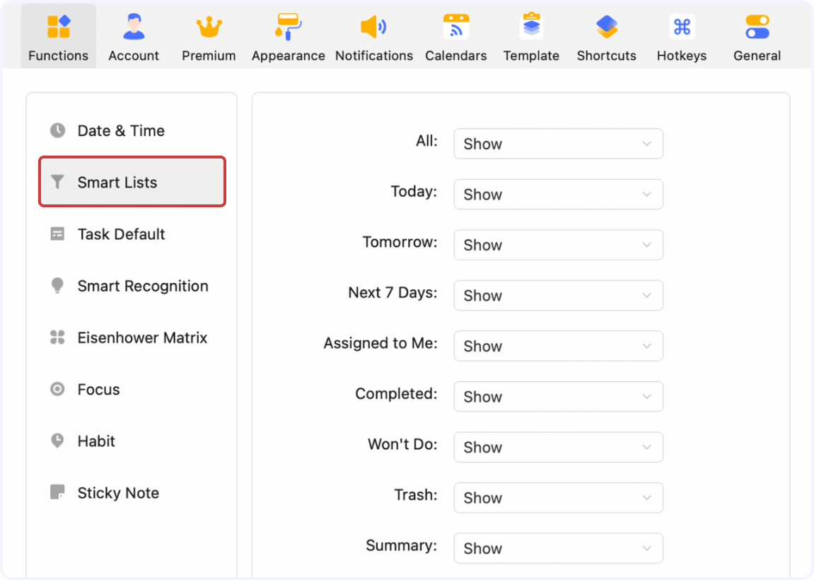 "Show" refers to showing the Smart List in the left sidebar;