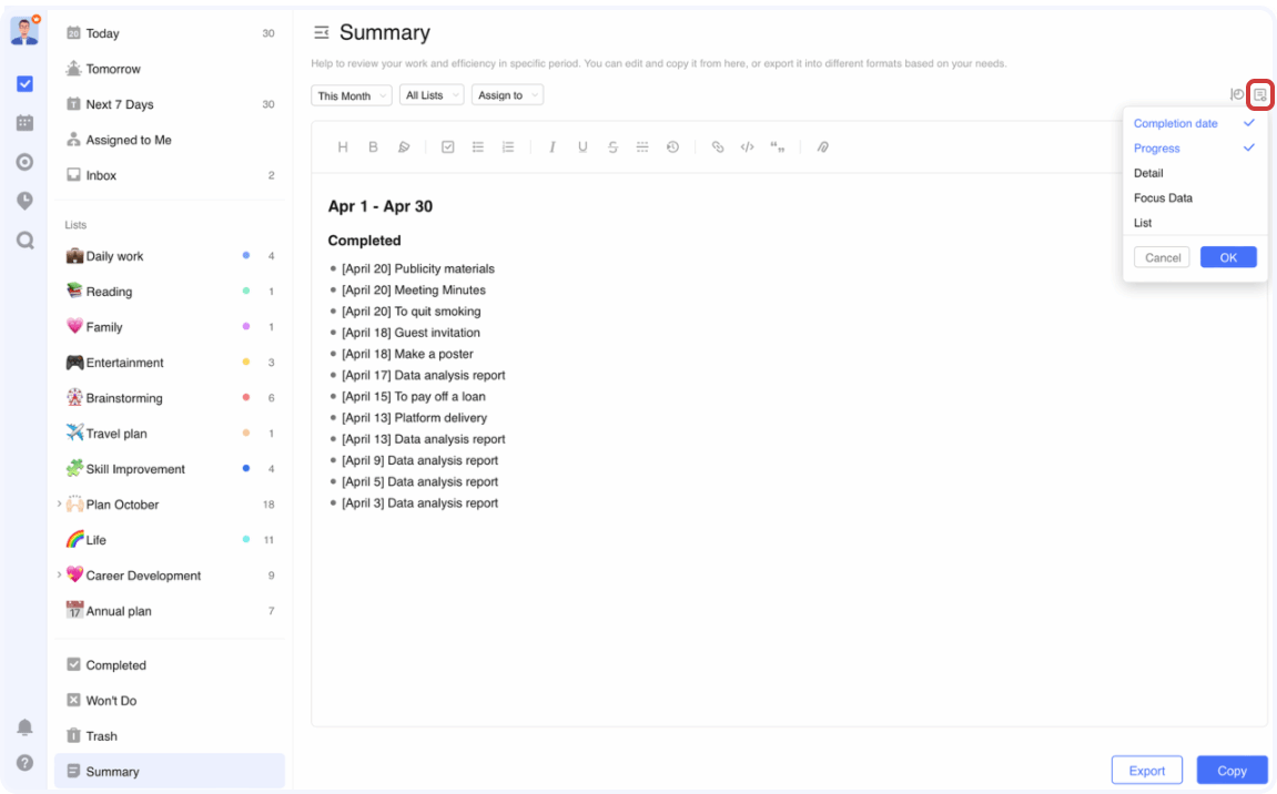 Items to Show : Or set to display more information such as "Completion ...