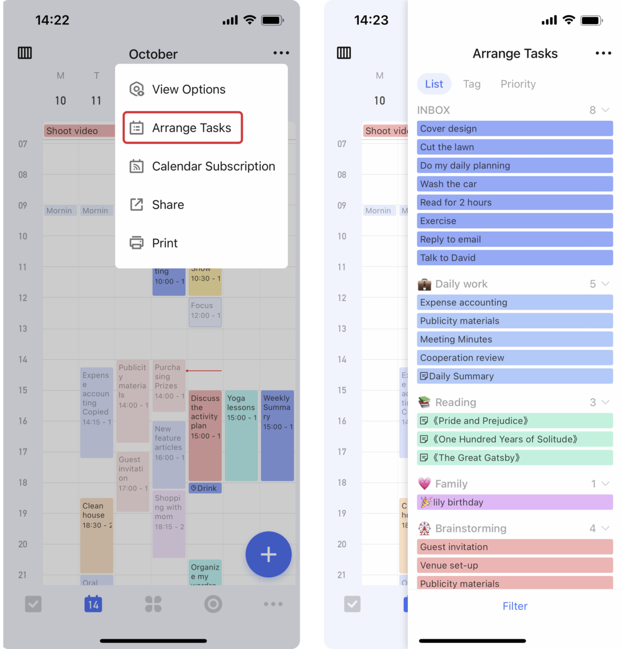 Click on the "..." in the top right corner of the calendar - "Arrange ...