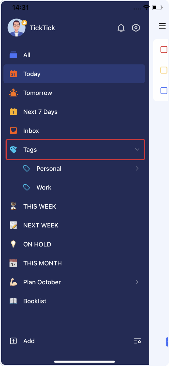 If tags are not displayed in the sidebar, click the "Settings" button ...