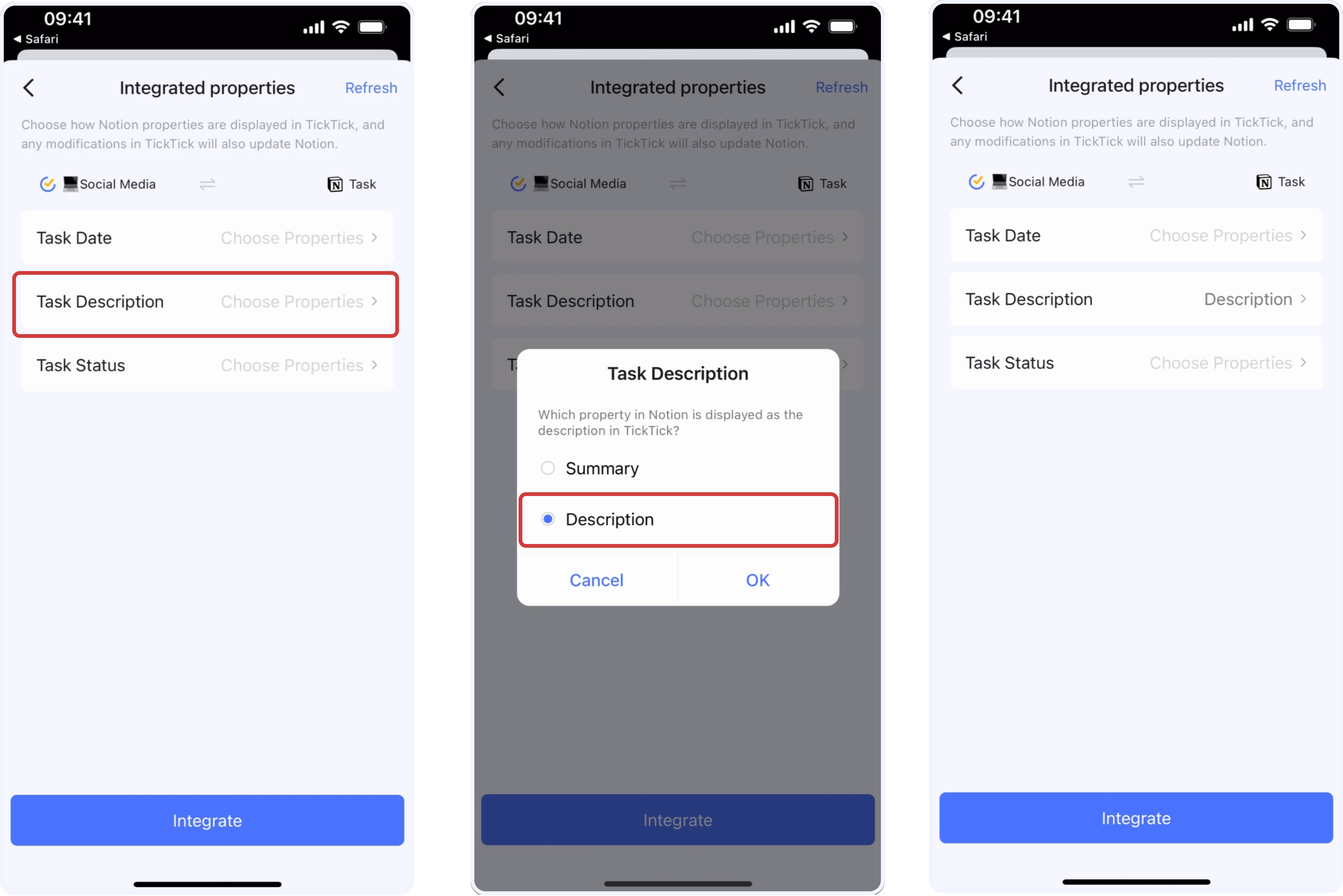 After integrate, the Record property in your database will correspond to the task description in ...