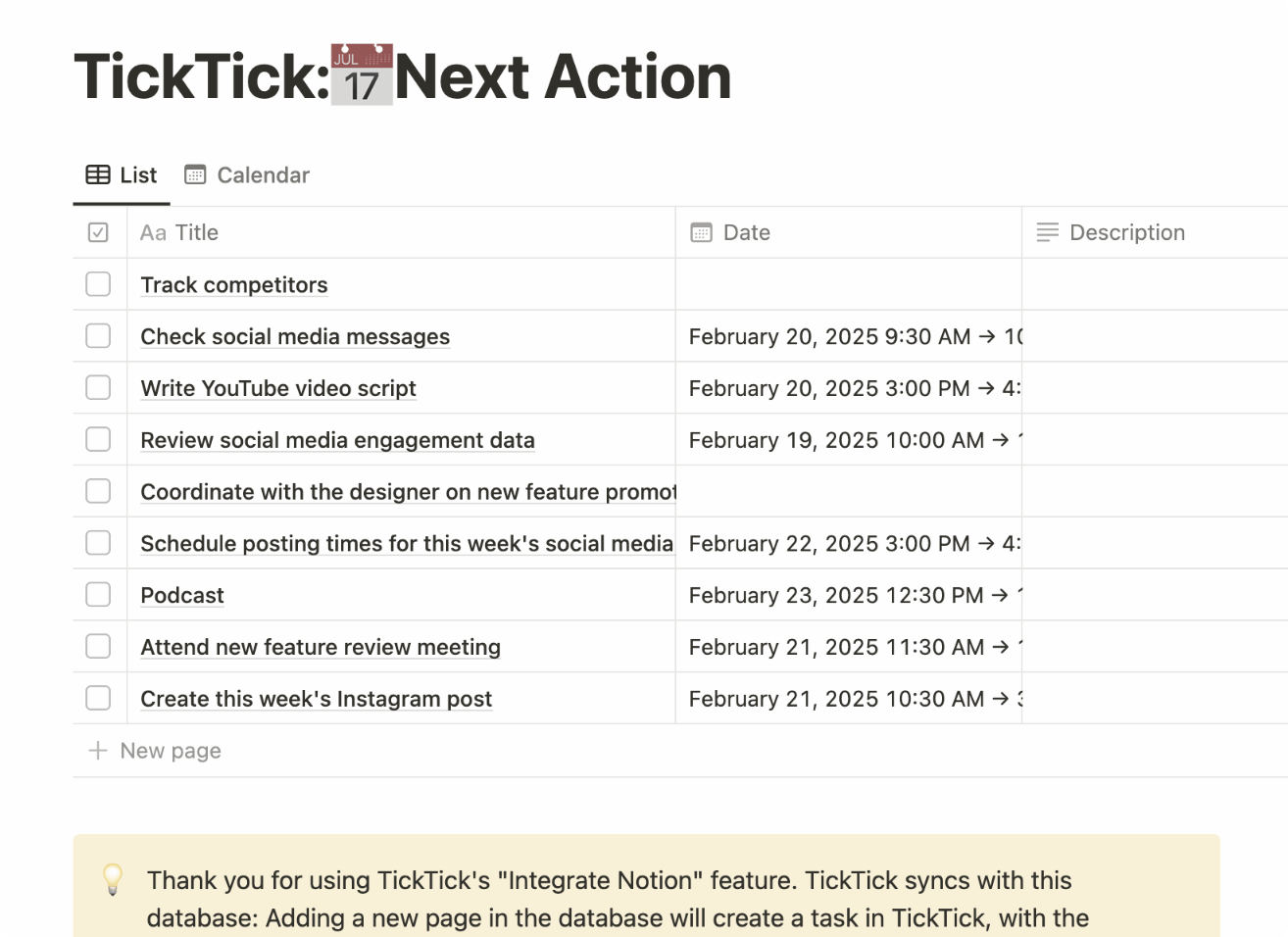When you create a New Page in the database, TickTick will automatically add tasks.