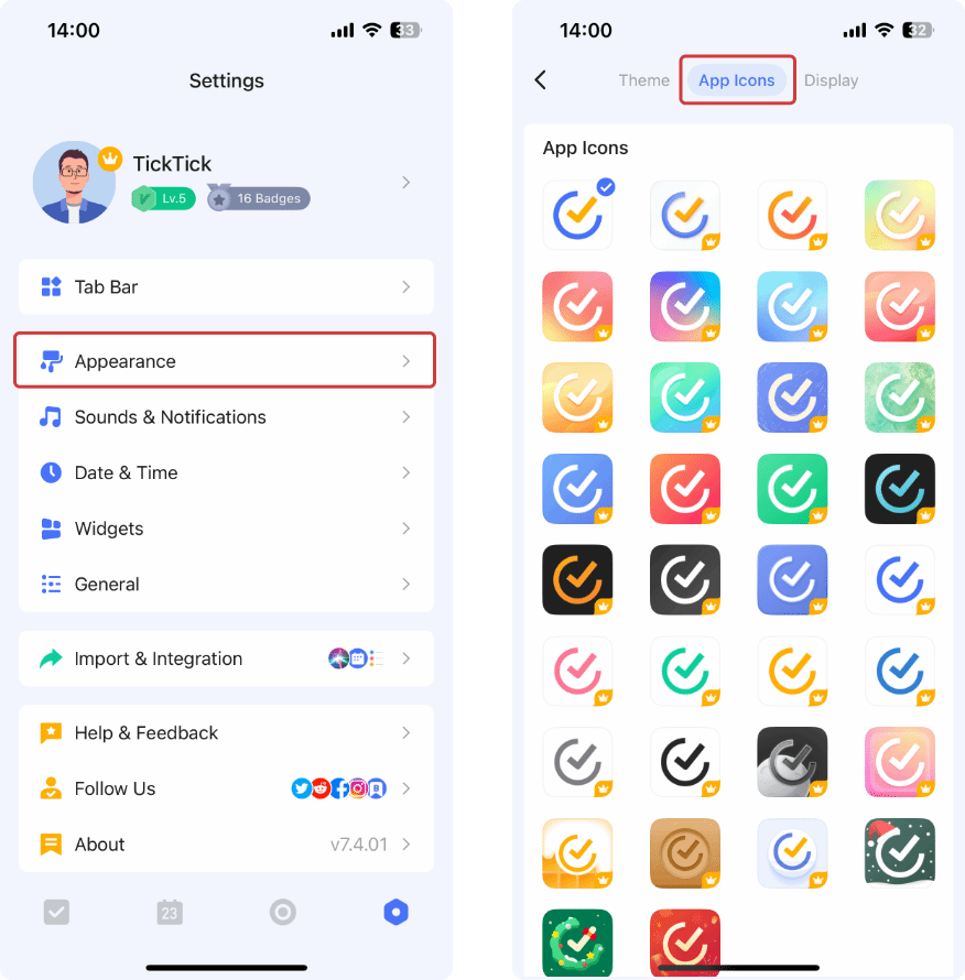 TickTick offers ten app icons for you to choose from. Just click your ...