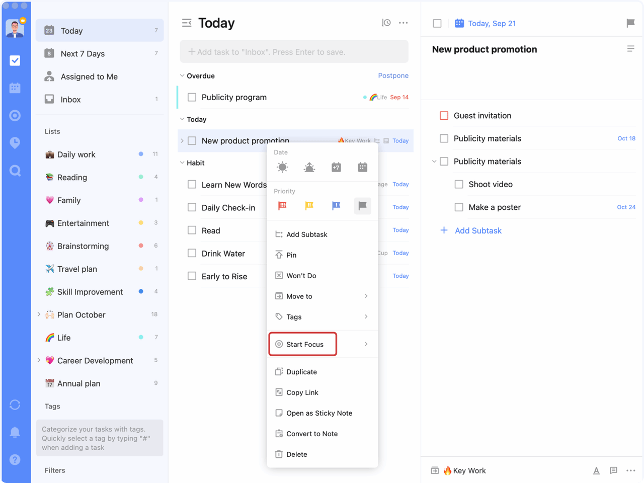 Start Focus on the Task Detail