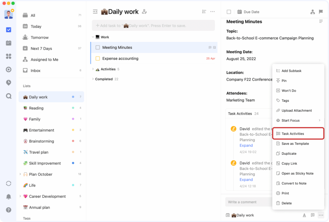 How to view List Activities (desktop only)?