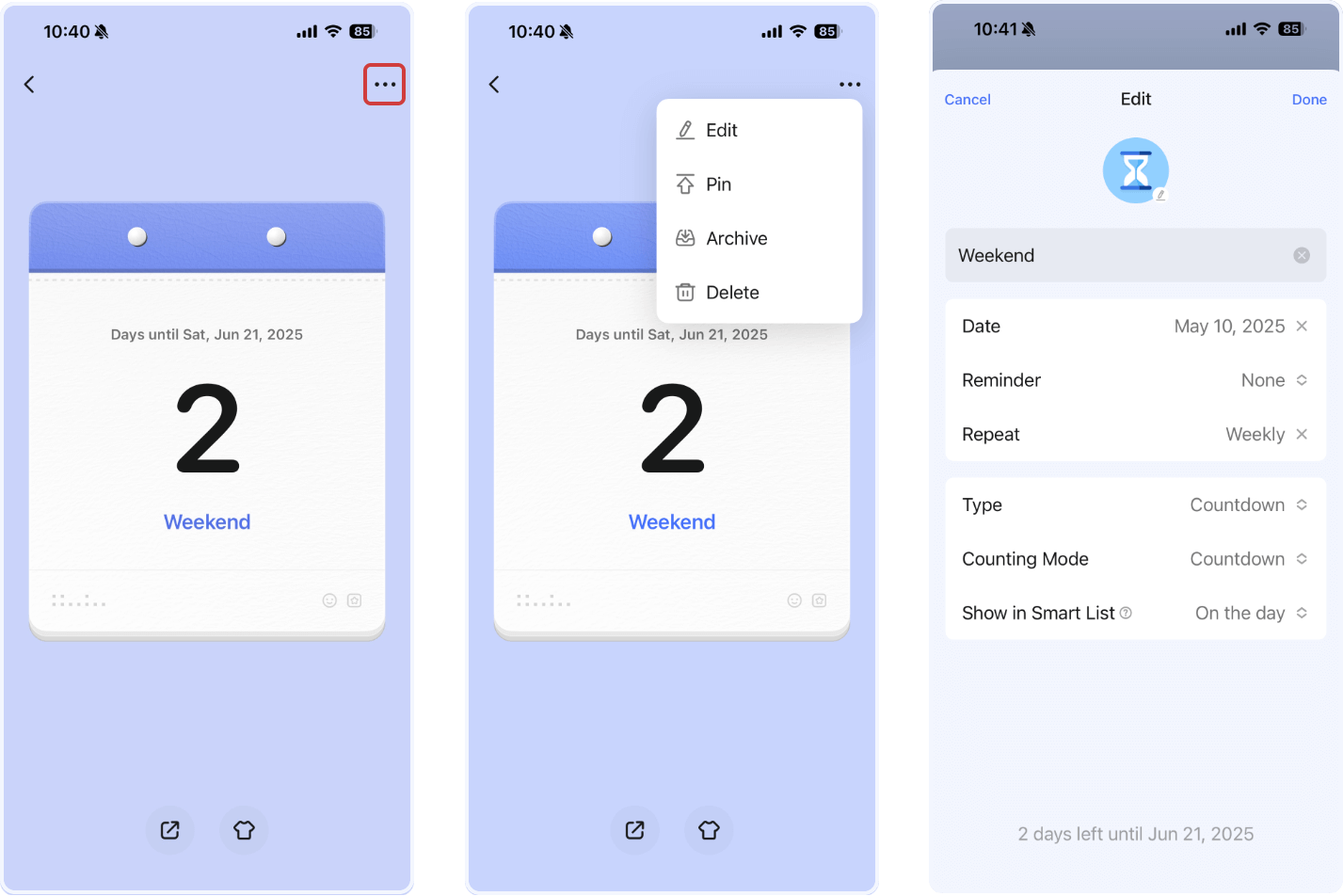 Right-click or click the "..." in the top right corner of the countdown ...