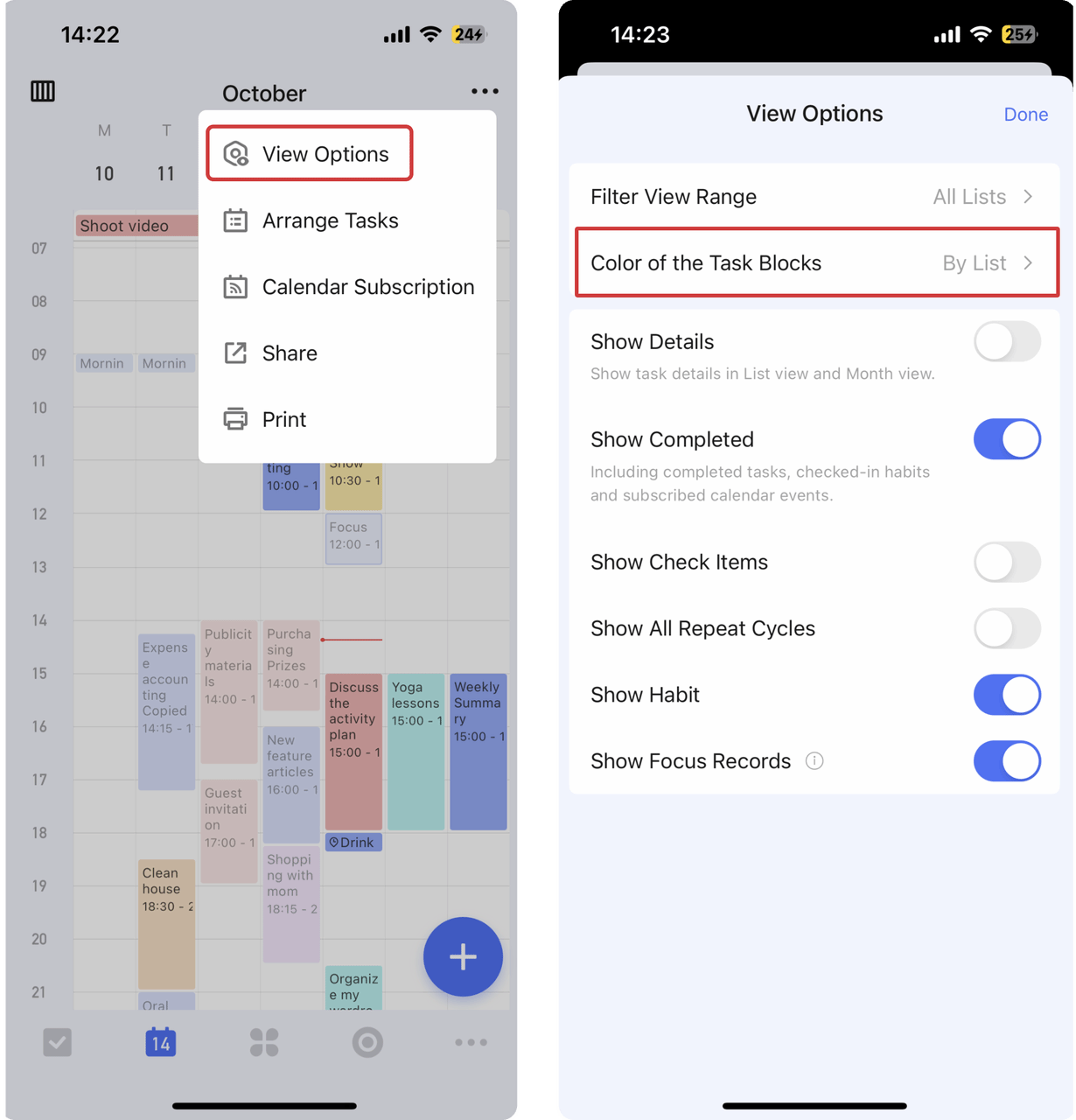 Click on the "View Options" on the right sidebar of the calendar view ...