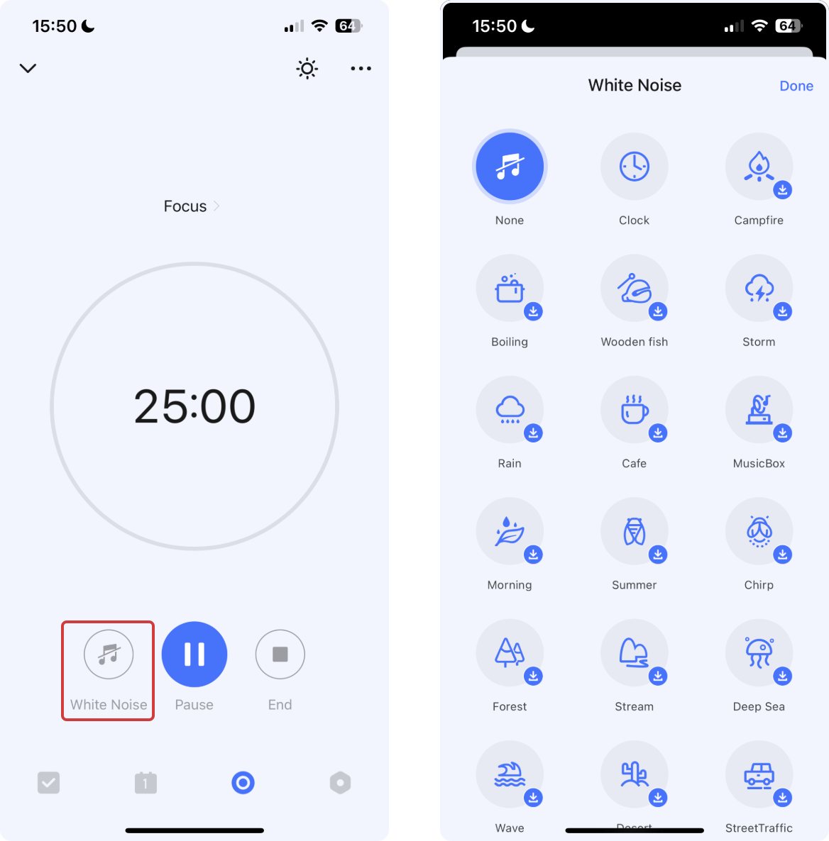 Enter the focus page, click the "Sound" icon in the upper right corner ...