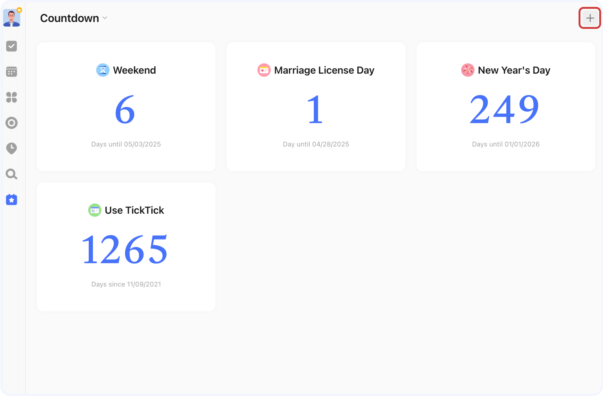 You can choose from four categories of important days to add: