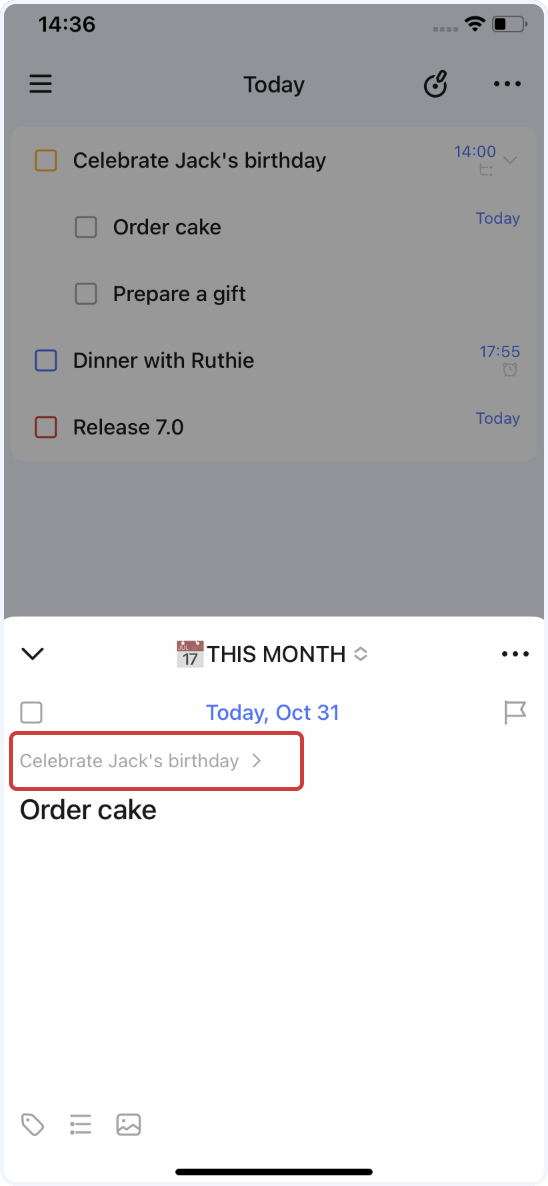 Option 1: Click ... in the bottom-right of the task detail area → Add Subtask.